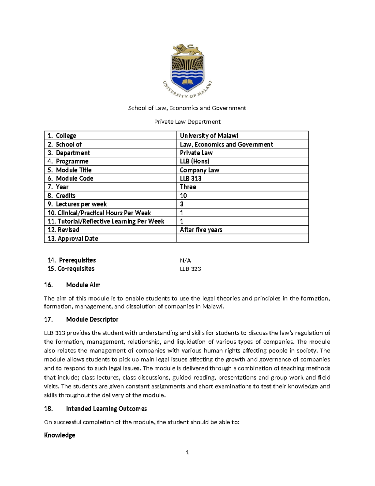 Company Law LLB 313 - Revised Module Overview and Learning Aims - Studocu