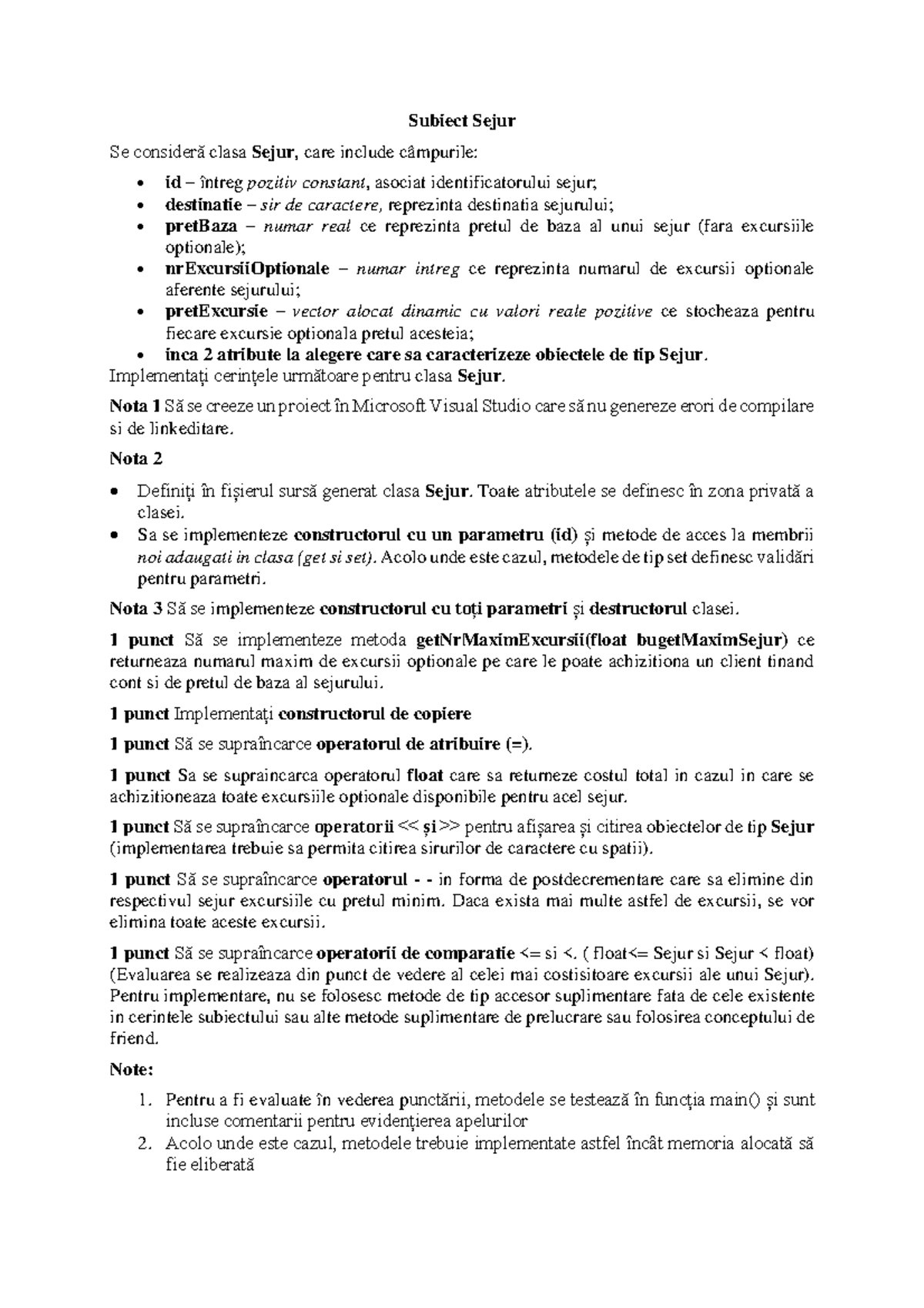 Model Subiect Test - POO 2023: Clasa Sejur Implementare - Studocu