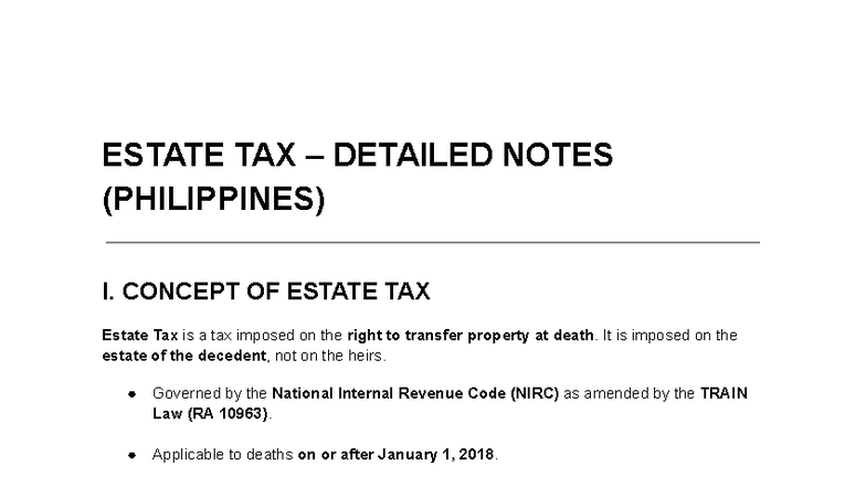 Estate Tax Detailed Notes (Philippines) - Key Concepts & Deductions ...