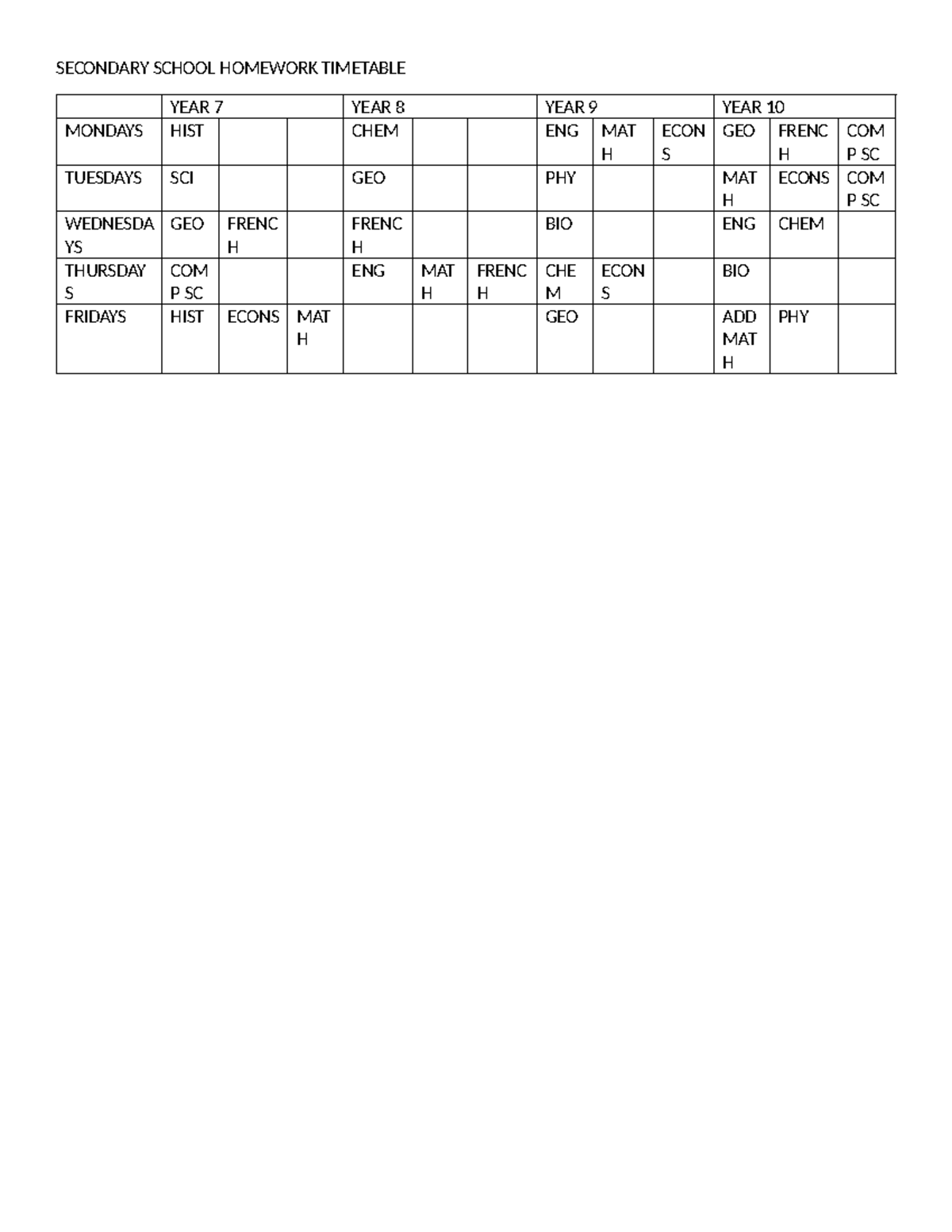 Secondary School Homework Timetable - SECONDARY SCHOOL HOMEWORK ...