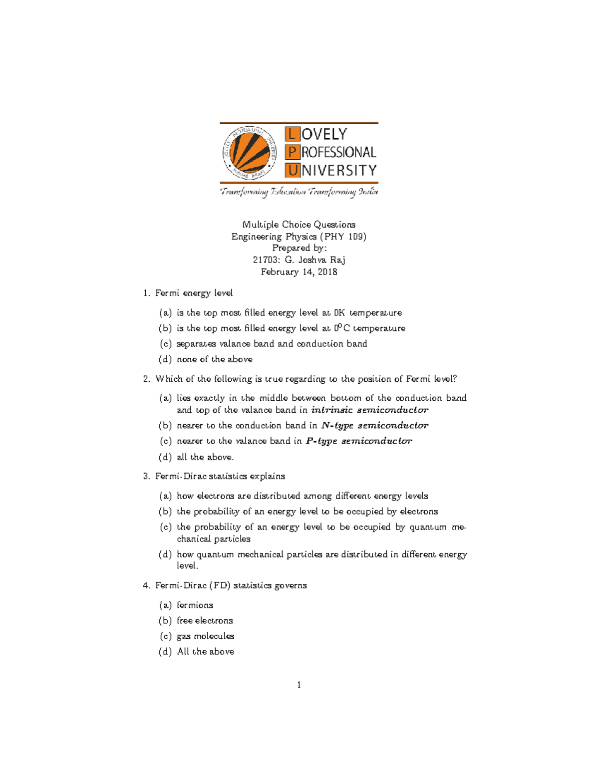 MCQ Questions for Engineering Physics (PHY 109) - Part 1 - Studocu