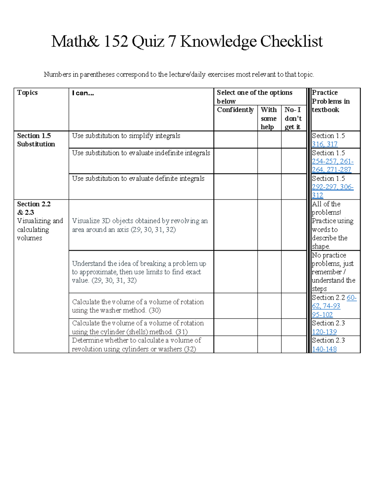 Math& 152 Quiz 7: Knowledge Checklist for Integration Techniques - Studocu