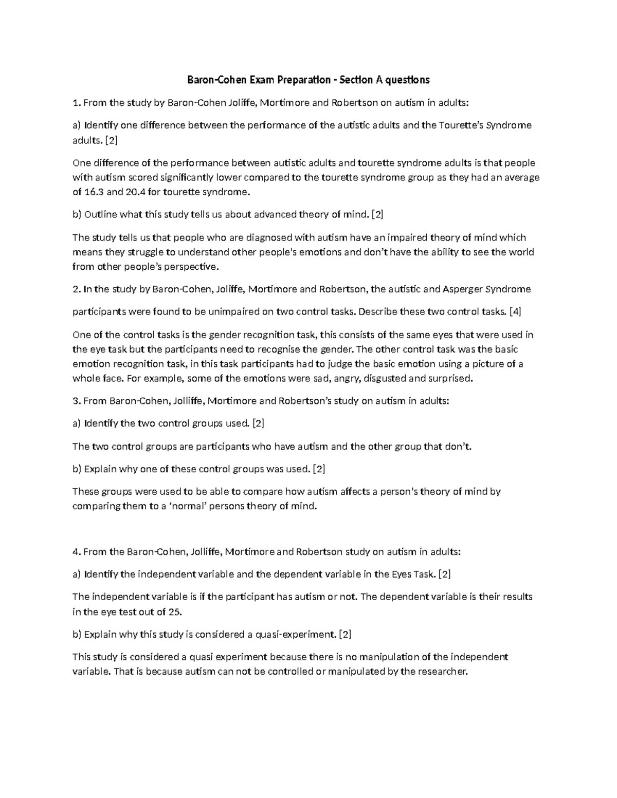 Baron-Cohen Exam Prep - Section A Qs on Autism Study Analysis - Studocu
