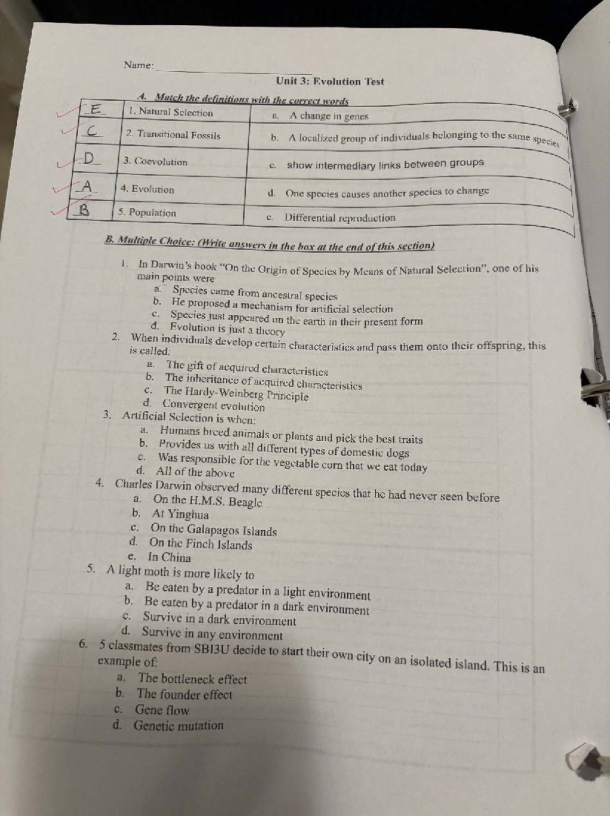 Unit 3: Evolution Test A - Definitions & Multiple Choice Questions ...