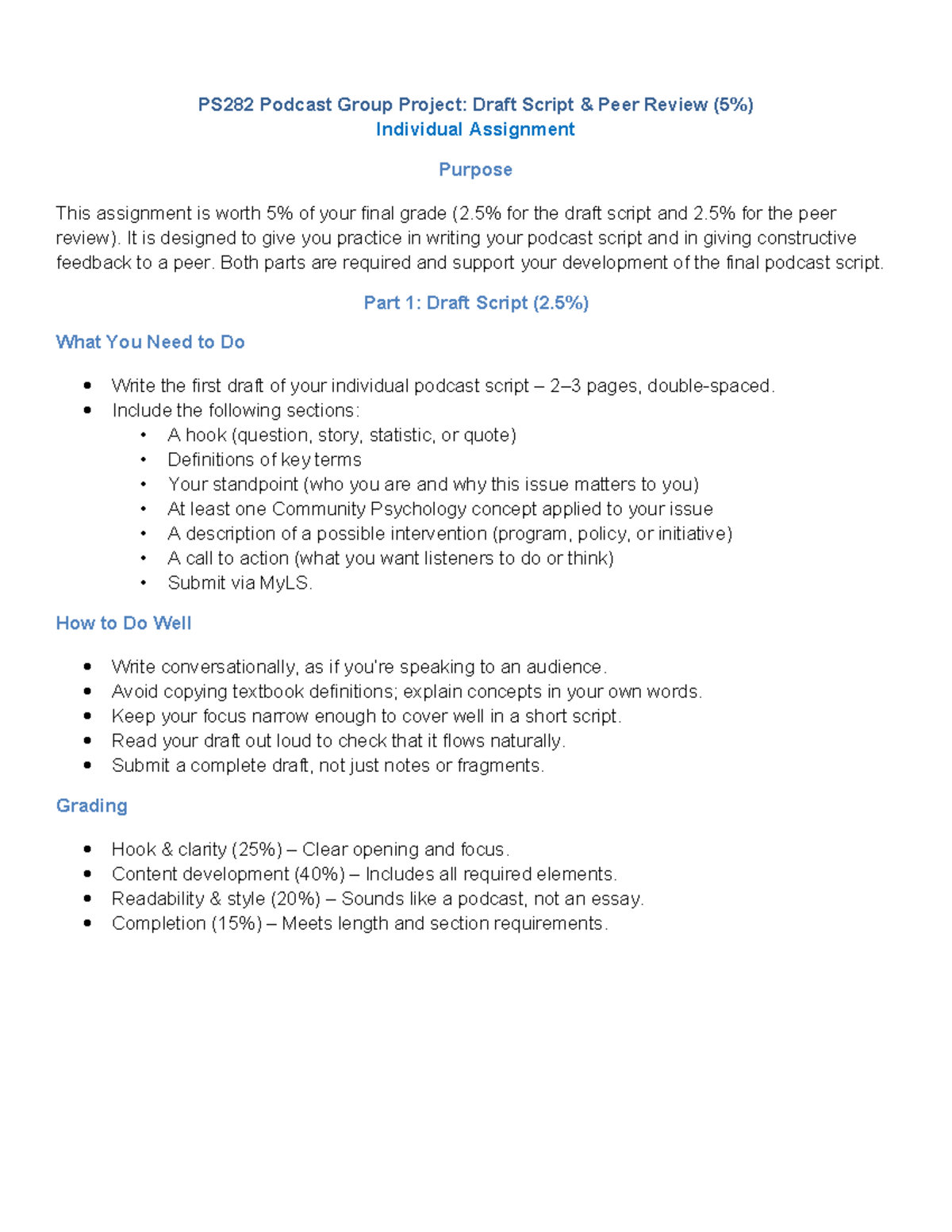 PS282 Podcast Group Project: Draft Script & Peer Review Guide - Studocu