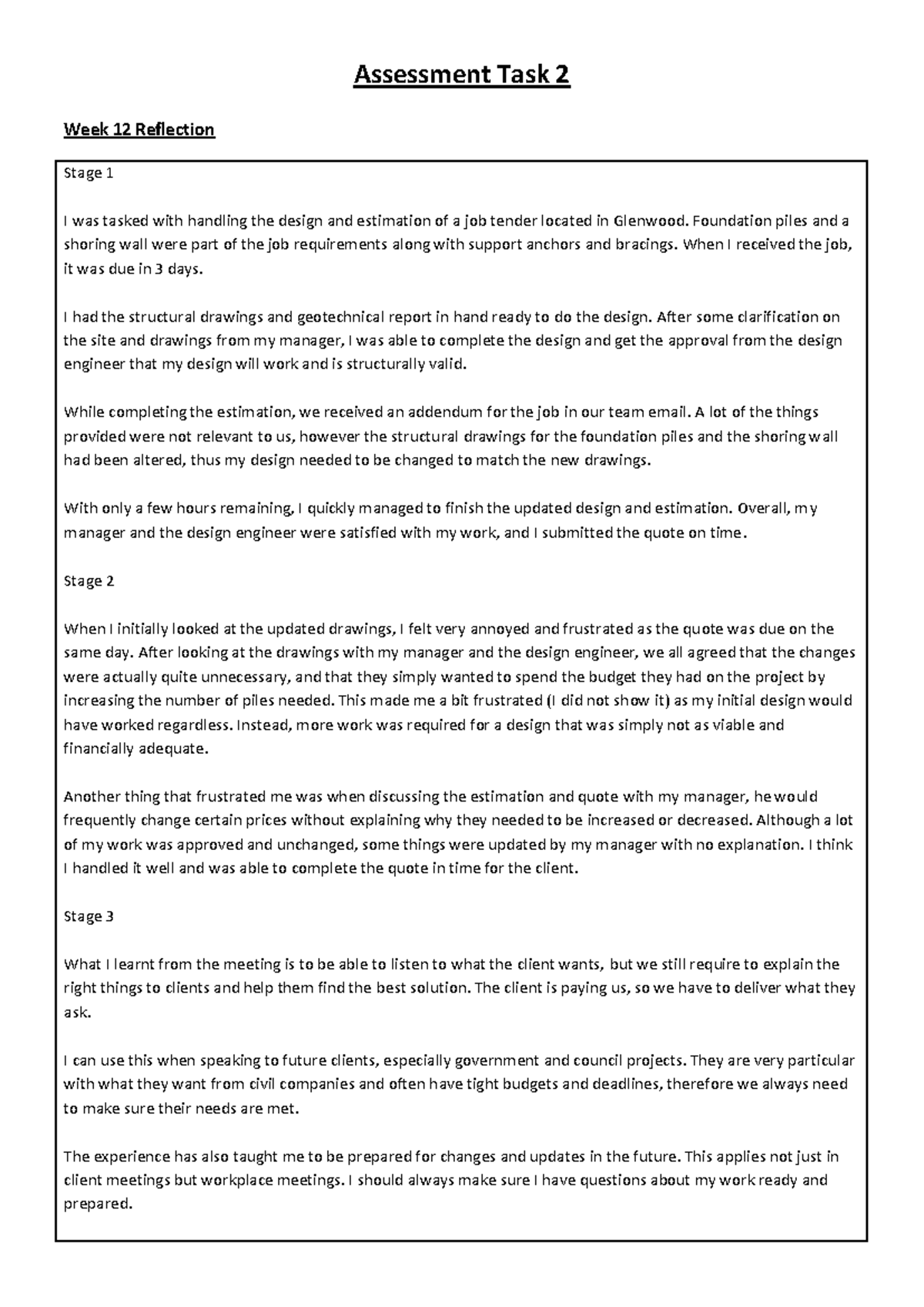 Assessment Task 2 - WIL1 - Assessment Task 2 Week 12 Reflection Stage 1 ...