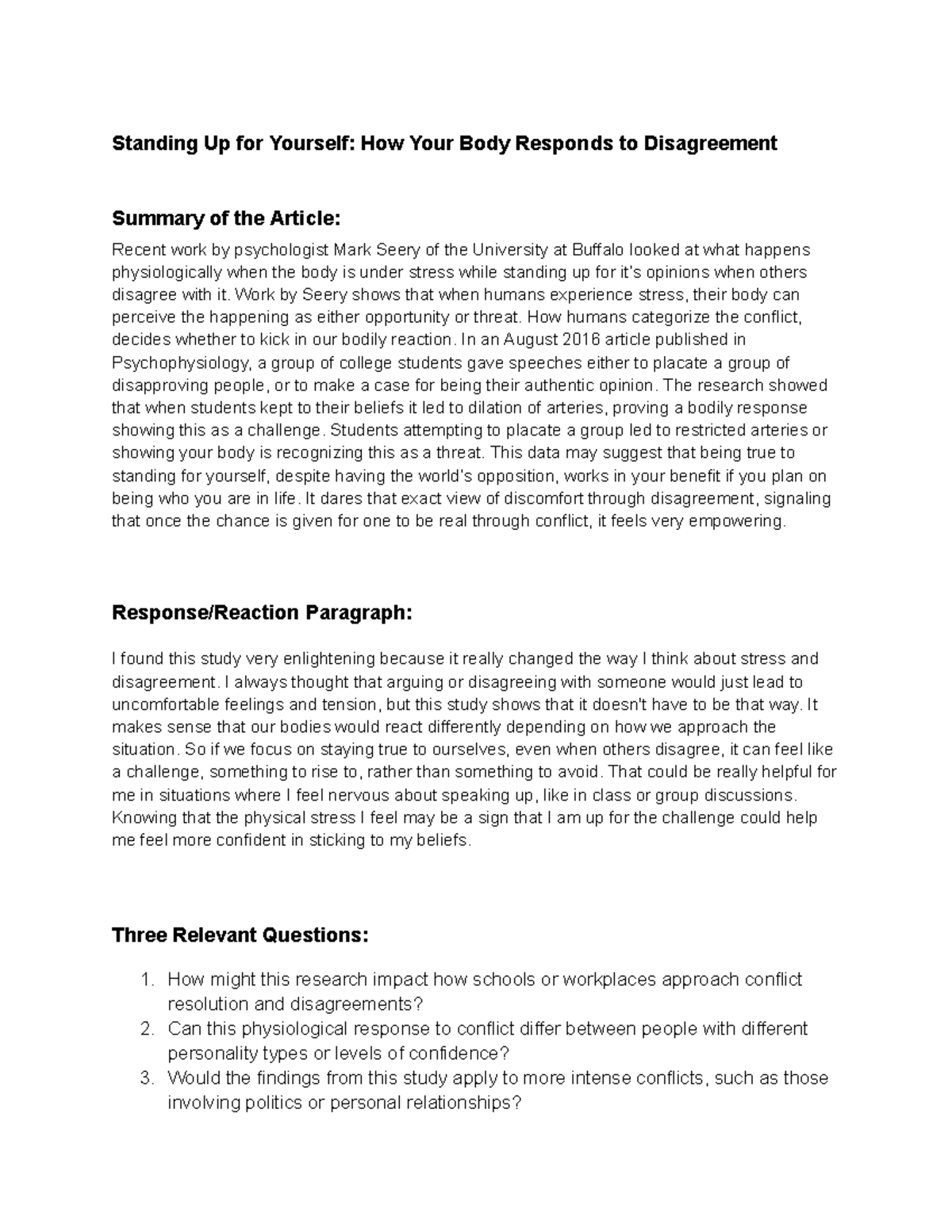 PSY 101 - Standing Up for Yourself: Understanding Bodily Reactions to ...