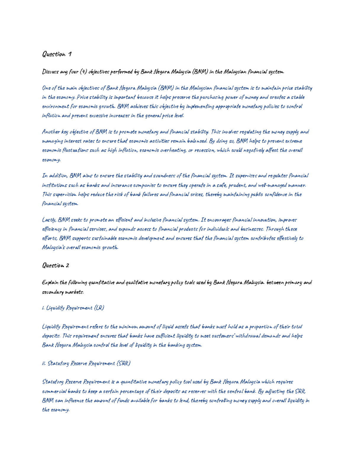 Tutorial FIN250: Objectives and Functions of Bank Negara Malaysia - Studocu
