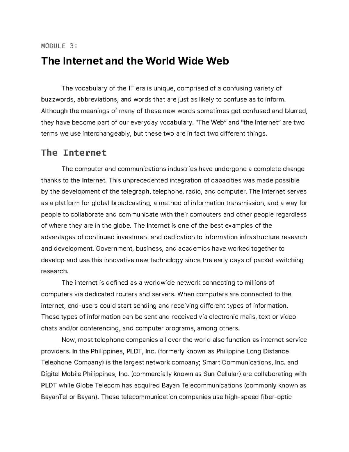 Module 3A The Internet - MODULE 3 The Internet and the World Wide Web The vocabulary of the IT ...