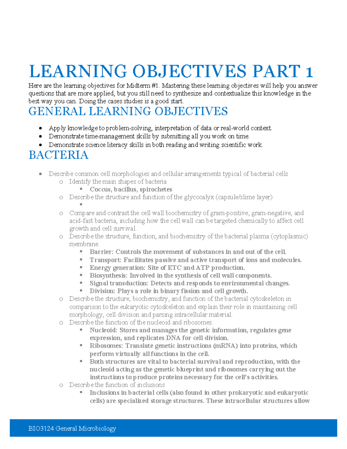 Learning objectives 2024 module 1 - BIO3124 General Microbiology ...