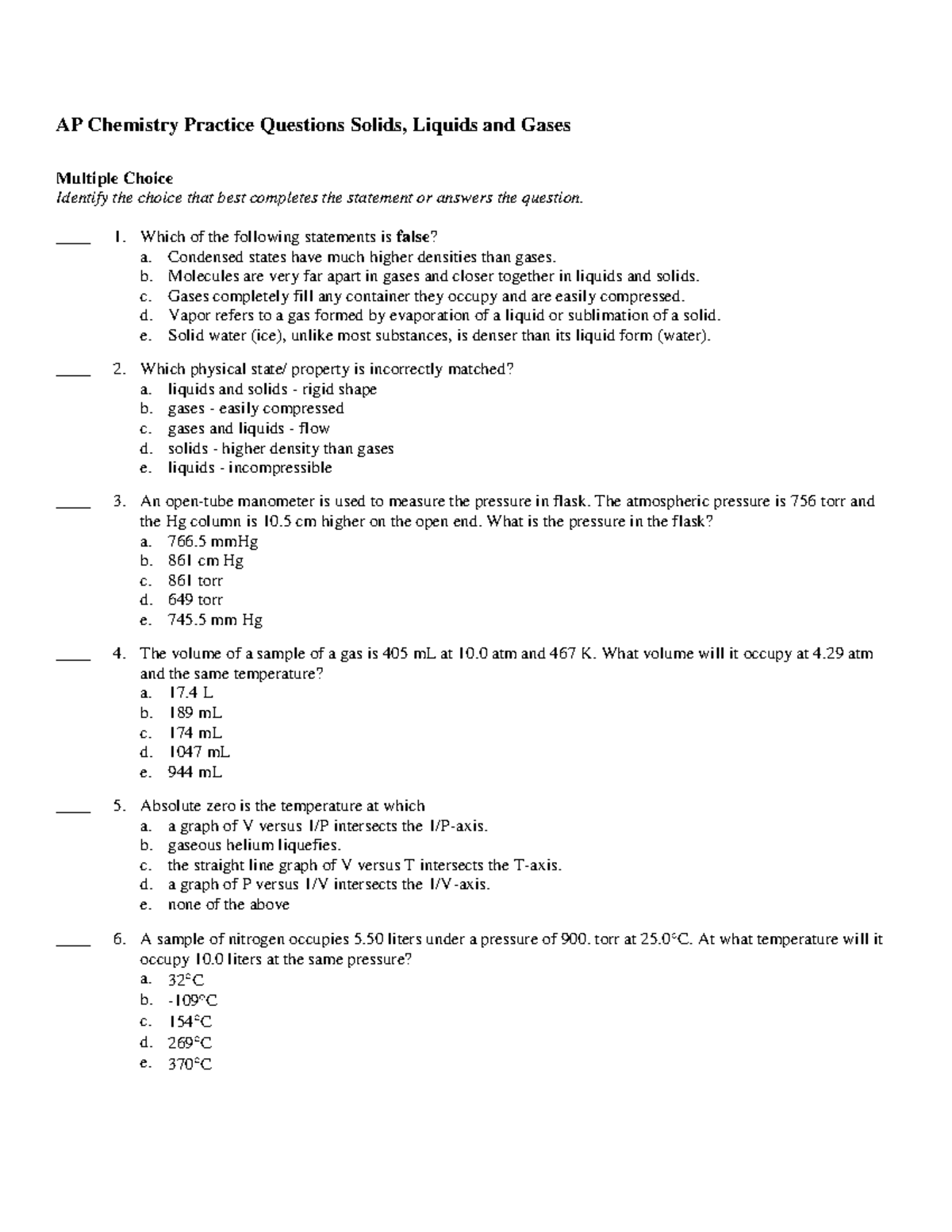 AP Chem Practice Qs on Solids, Liquids & Gases with Answers - Studocu