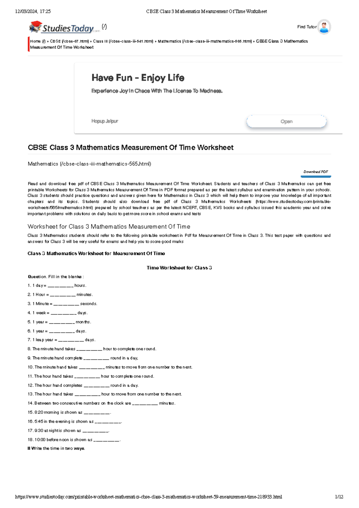 CBSE Class 3 Mathematics: Measurement of Time Worksheet Guide - Studocu