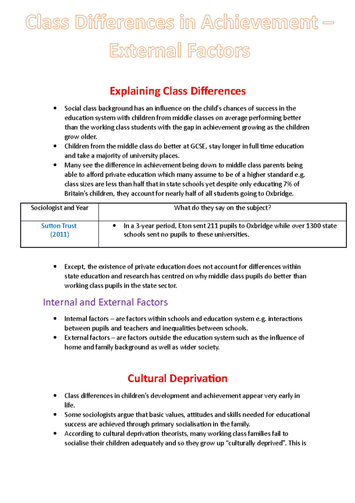 Class Difference in Achievement - External Factors (Complete ...