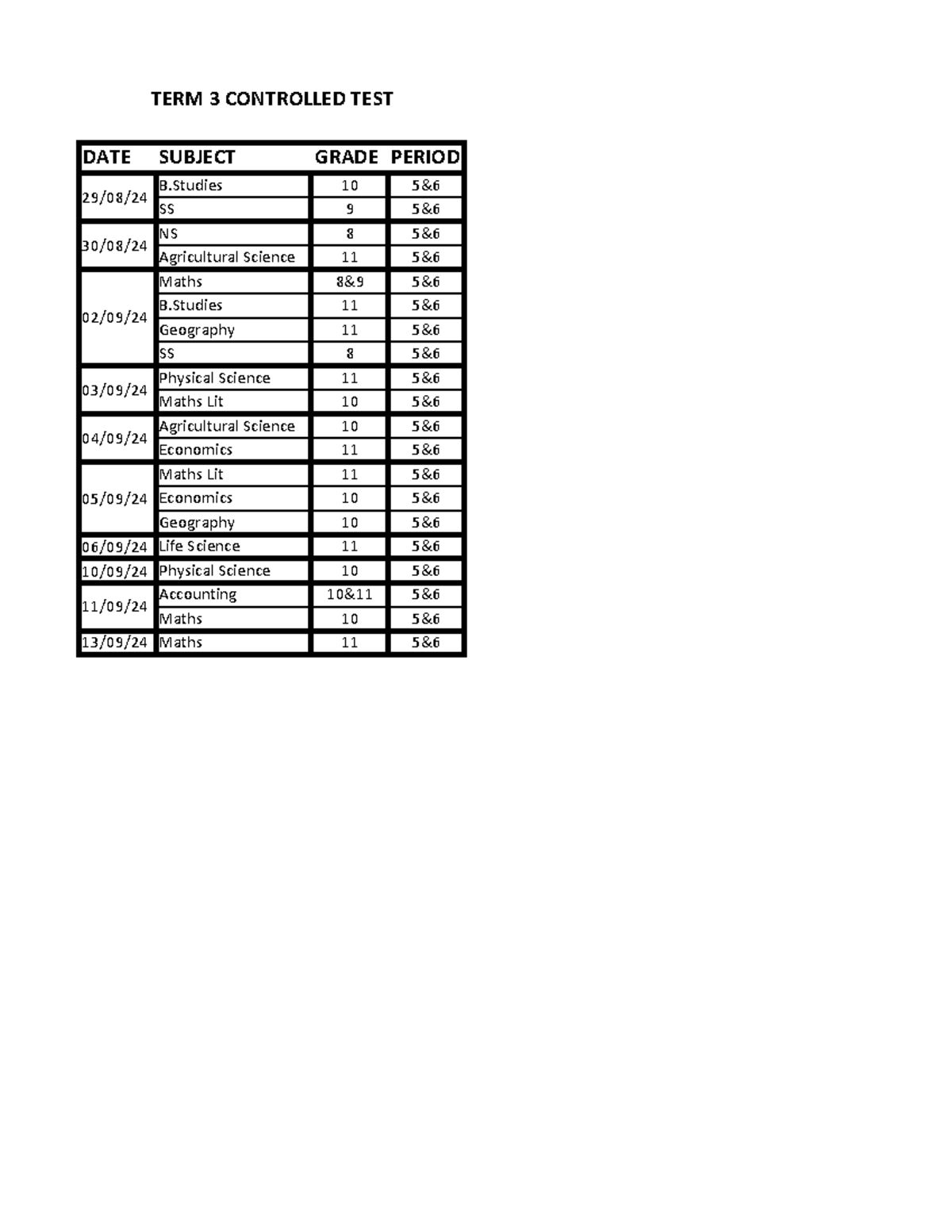 TERM 3 Controlled TEST Timetable - DATE SUBJECT GRADE PERIOD B 10 5& SS ...
