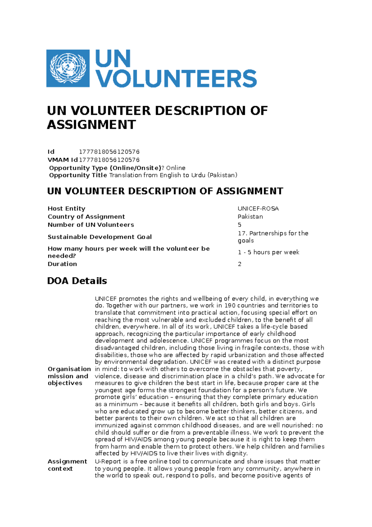 Export 11 1 2025 - document - UN VOLUNTEER DESCRIPTION OF ASSIGNMENT Id ...