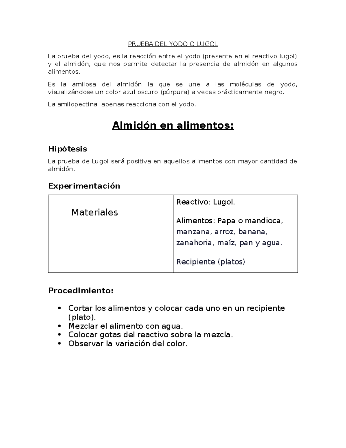 Prueba del Yodo (Lugol) y su Aplicación en Carbohidratos - Studocu