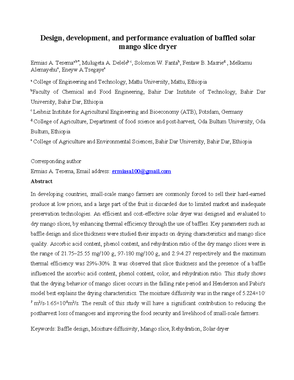 Design and Evaluation of a Baffled Solar Dryer for Mango Slices - Studocu