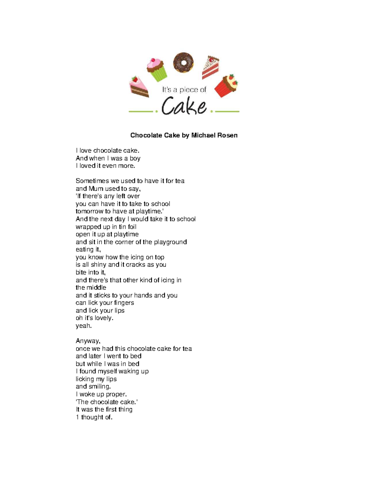Chocolate Cake Poem - Reading for Fun Analysis - Studocu