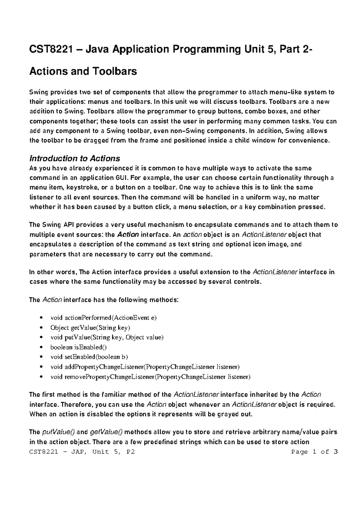 Chapter 5b Actions and Toolbars - CST8221 – JAP, Unit 5, P2 Page 1 of 3 CST8221 – Java ...