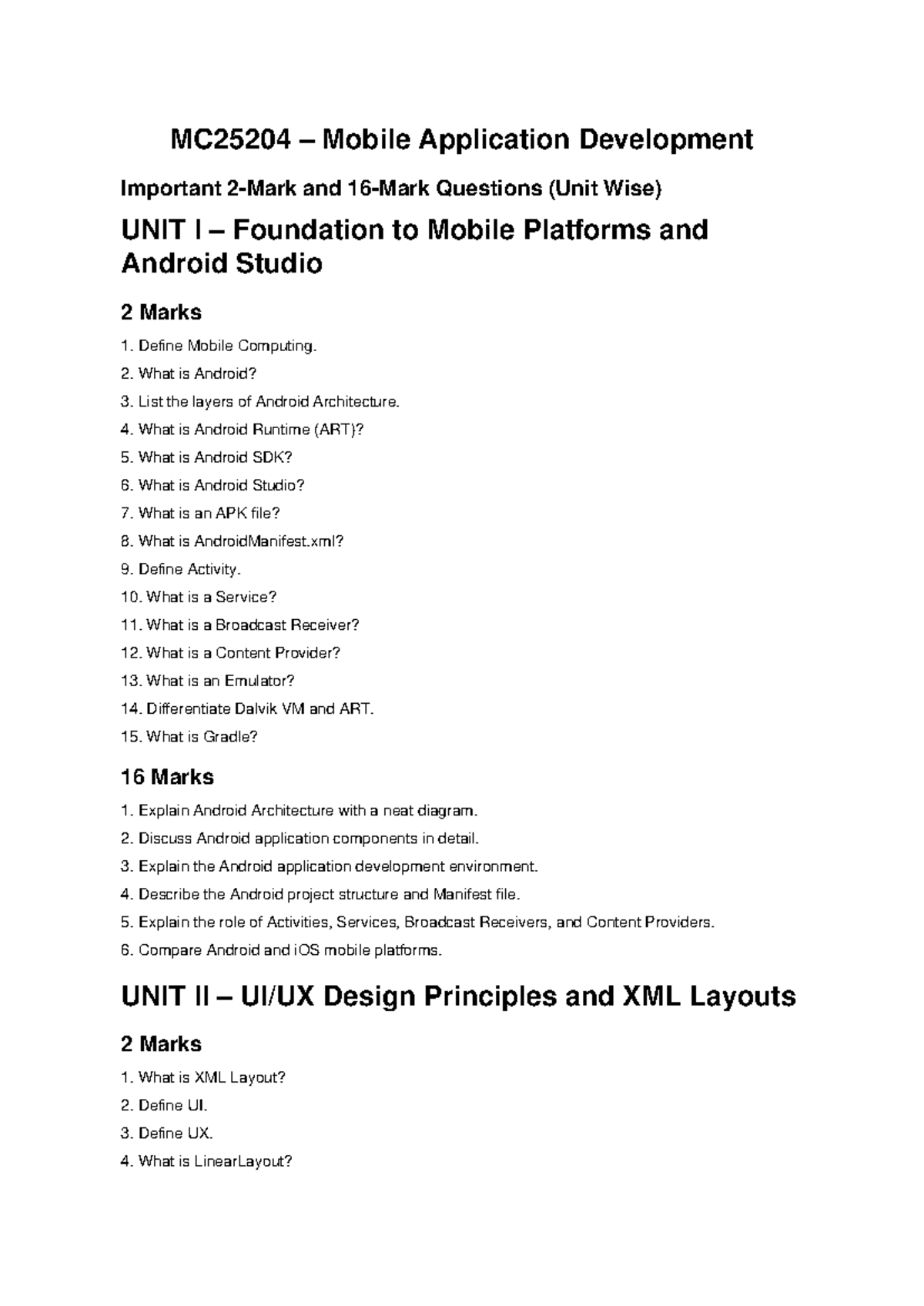 MC25204 Mobile App Dev: Important Questions by Unit - Studocu