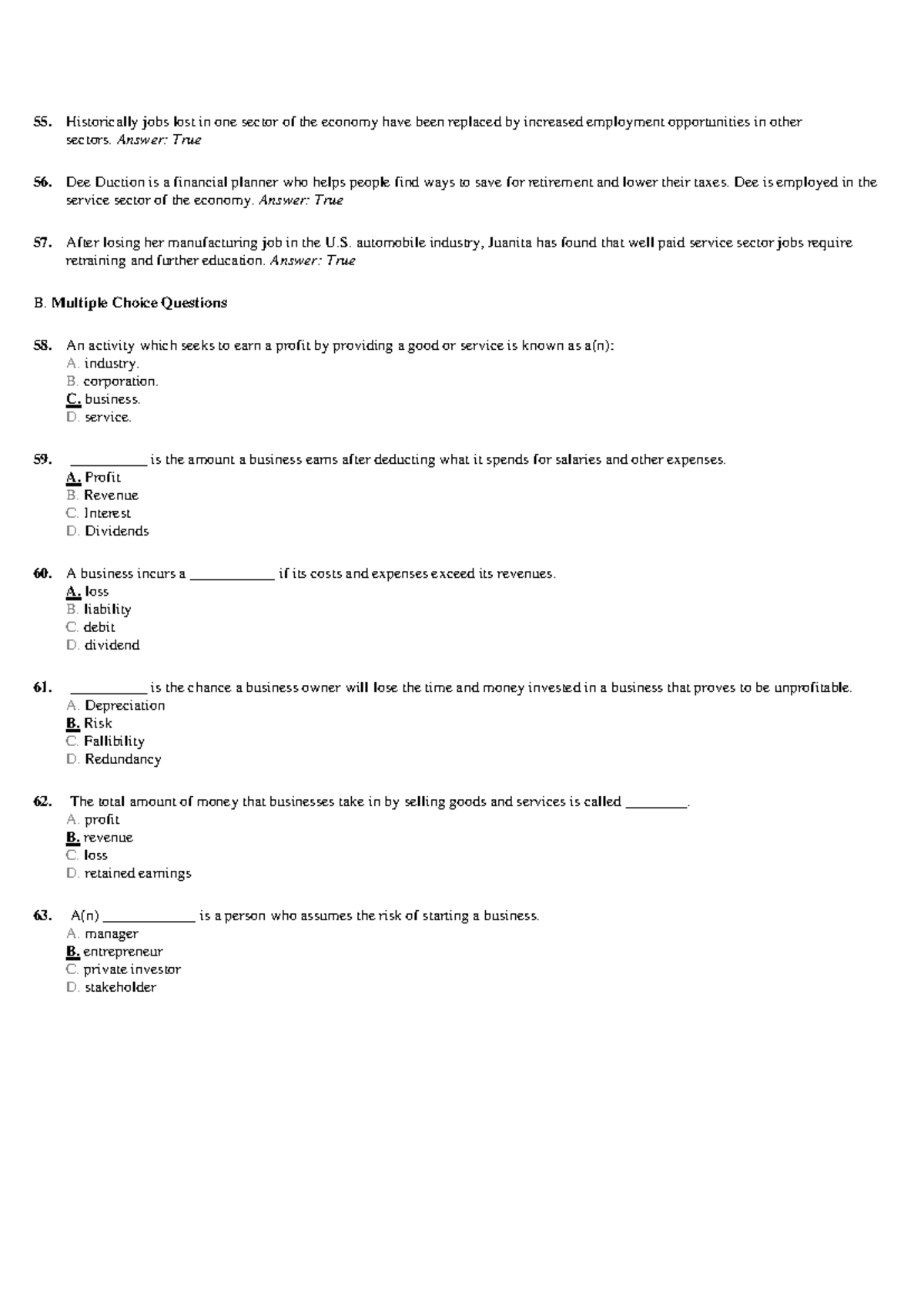 Business Concepts Quiz Questions and Answers - Studocu