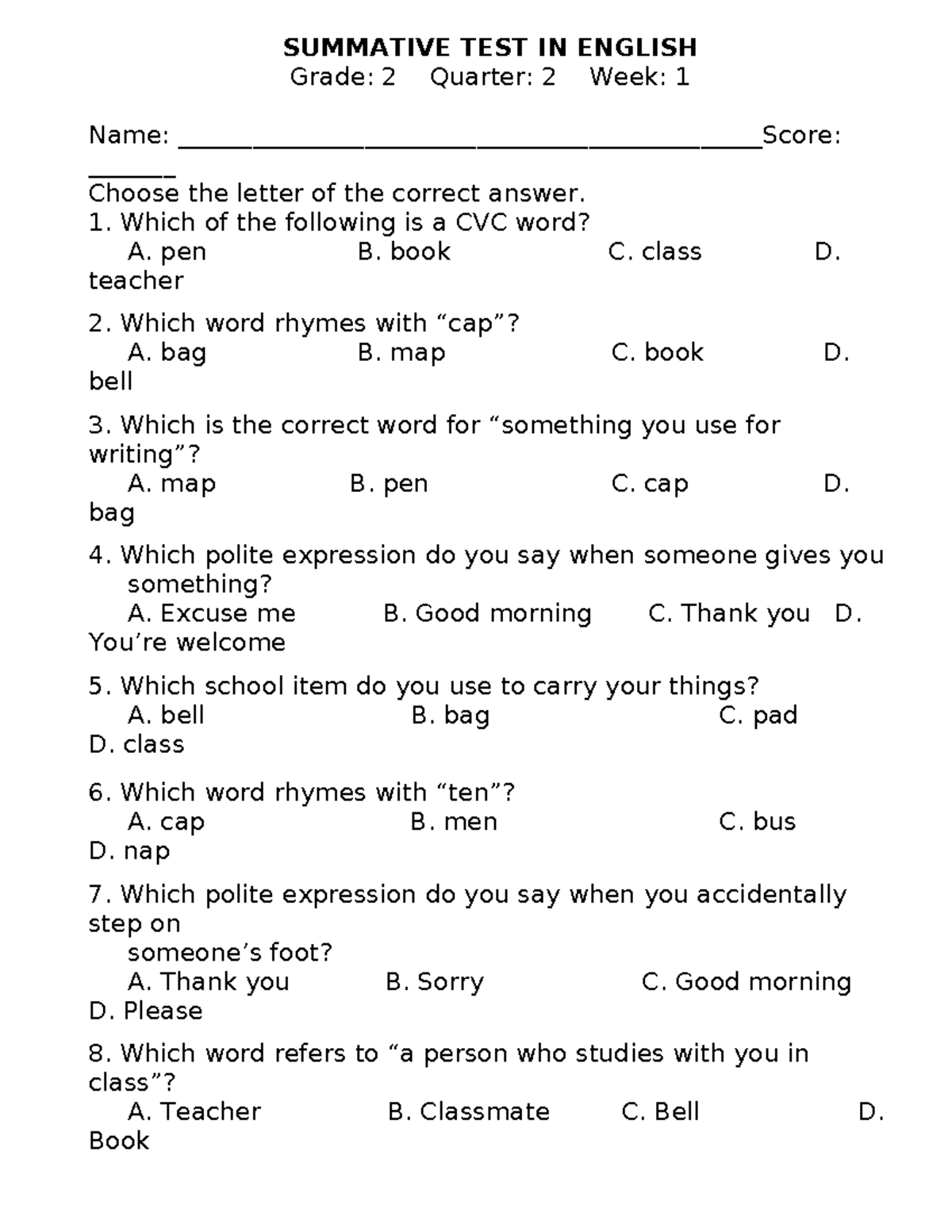 Summative Test in English 2: Quarter 2, Week 1 - Studocu
