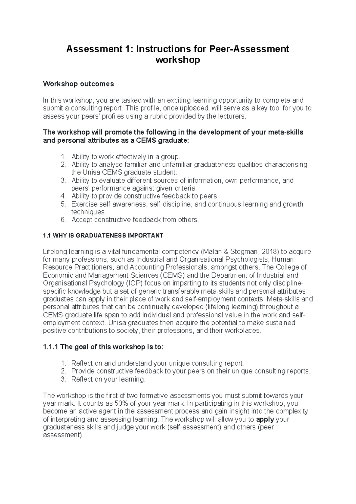 IOP3702 Workshop Guide: Peer-Assessment Instructions and Phases - Studocu