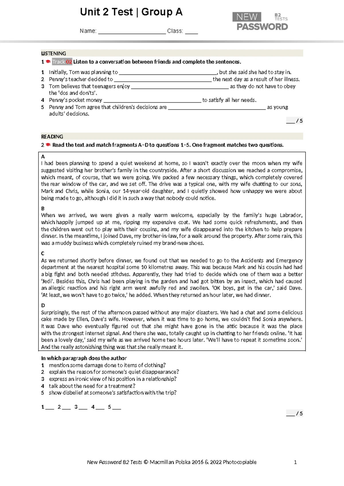 New Password B2 UT 2B - TESTY - Unit 2 Test | Group B Name ...