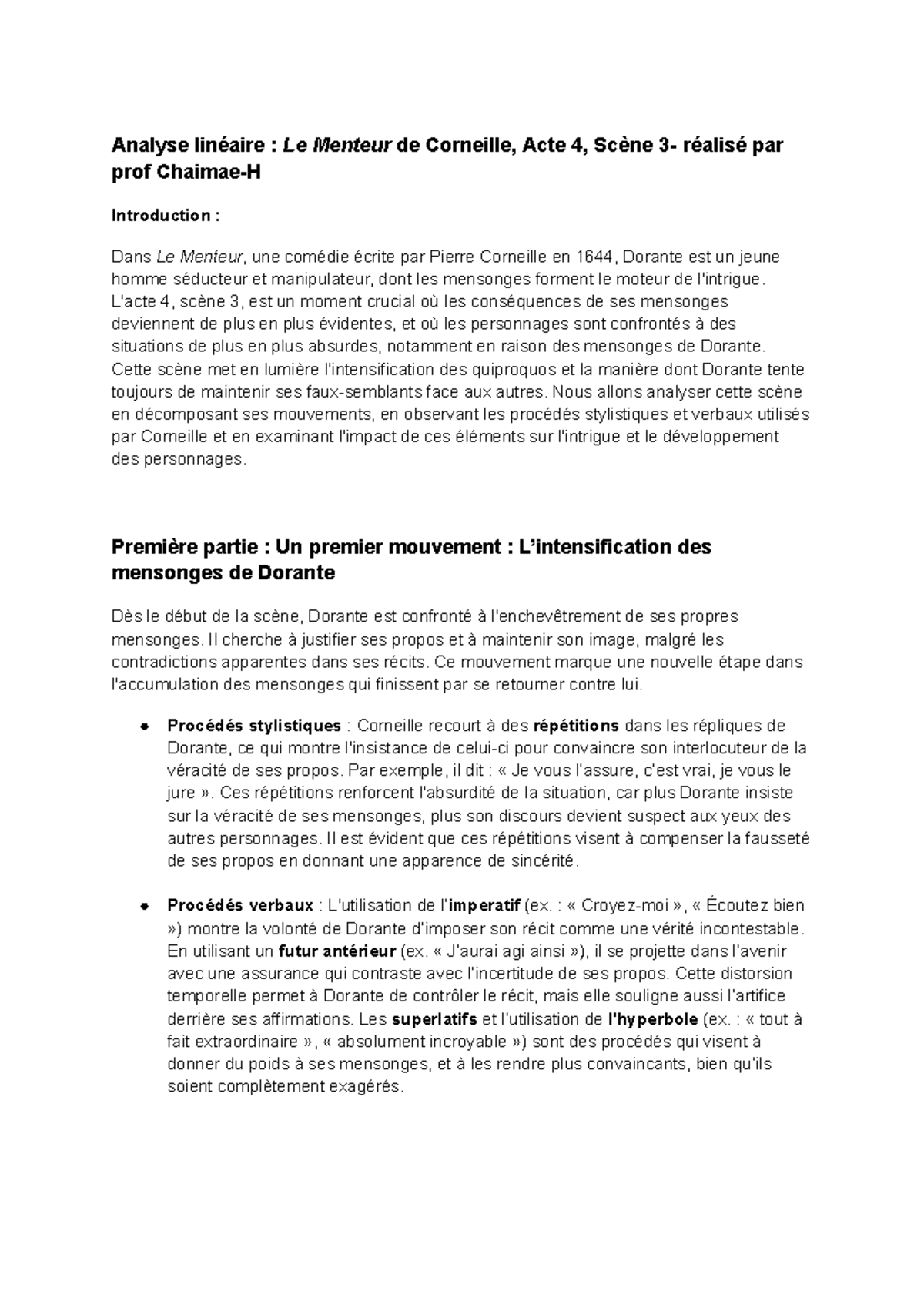 Analyse linéaire : Le Menteur de Corneille, Acte 4, Scène 3 - Prof. Chaimae-H - Studocu