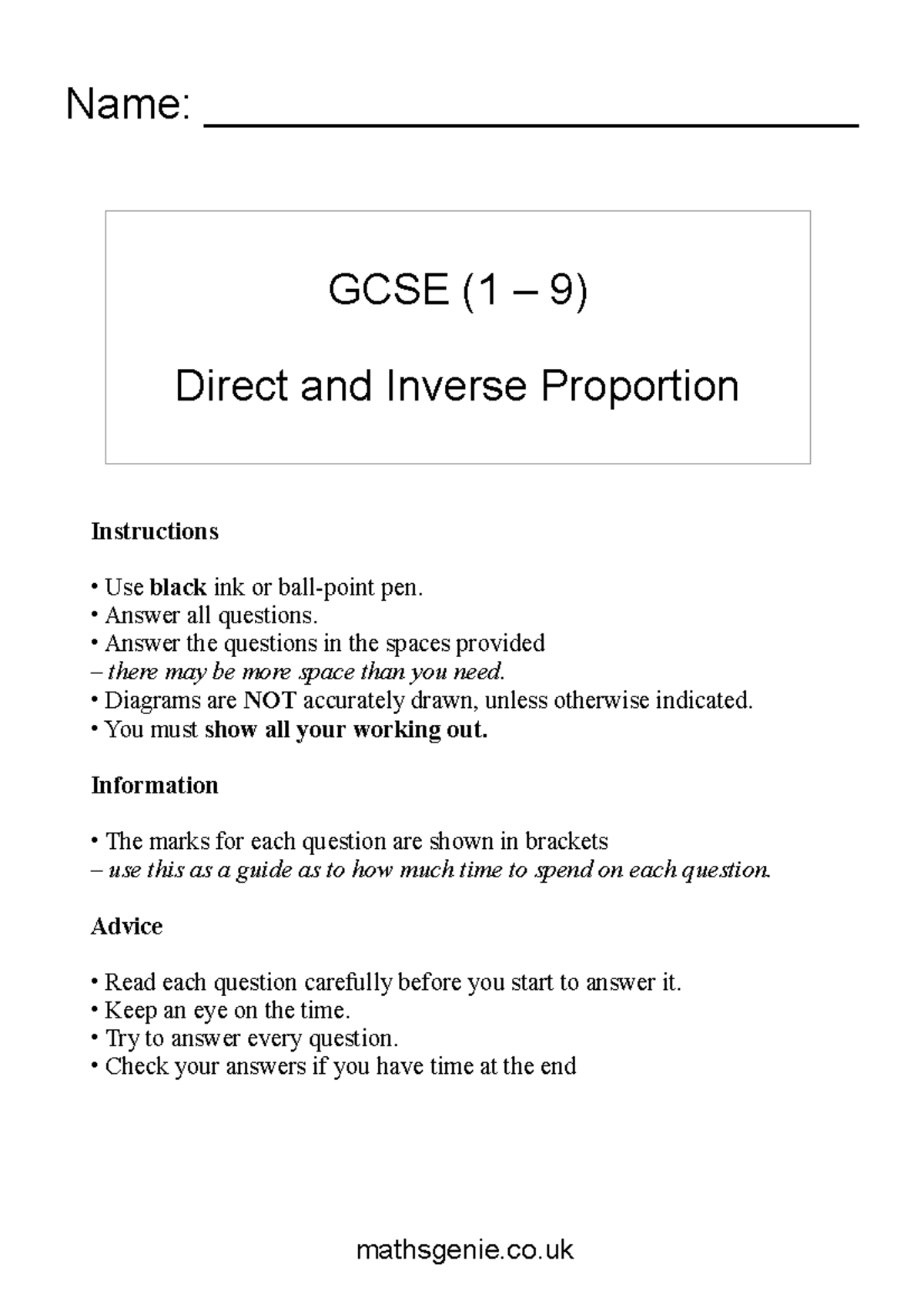 GCSE (1 9) Direct & Inverse Proportion Study Guide - Studocu