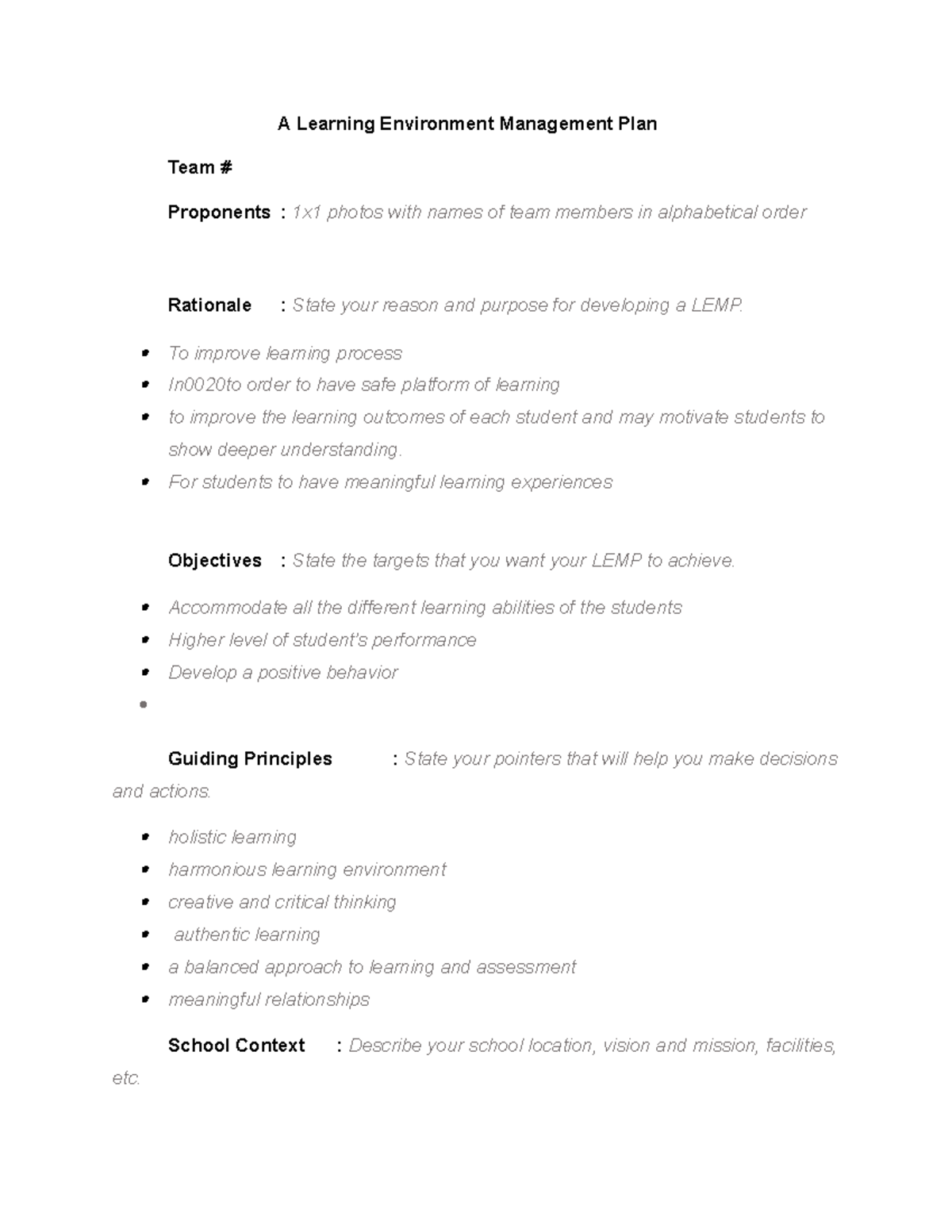 A Learning Environment Management Plan - To improve learning process ...