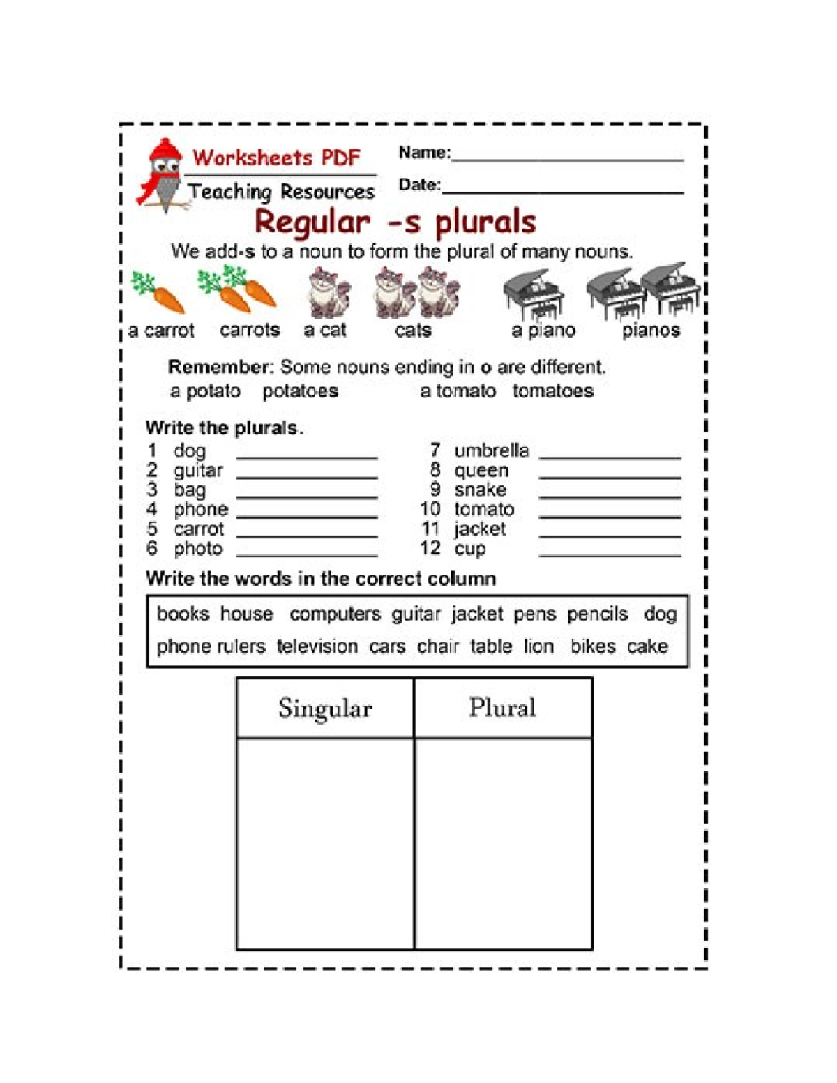 Plural Nouns Worksheets - Teaching Resources - Studocu
