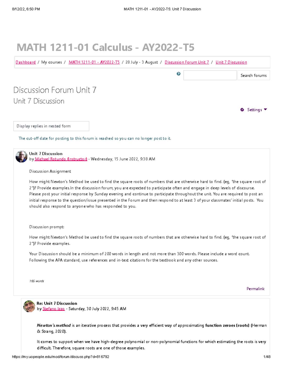 MATH 1211-01 - AY2022-T5 Unit 7 Discussion - MATH 1211-01 Calculus - AY2022-T Discussion Forum ...