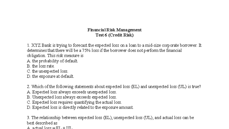 Financial Risk Management Test 6: Credit Risk Analysis - Studocu