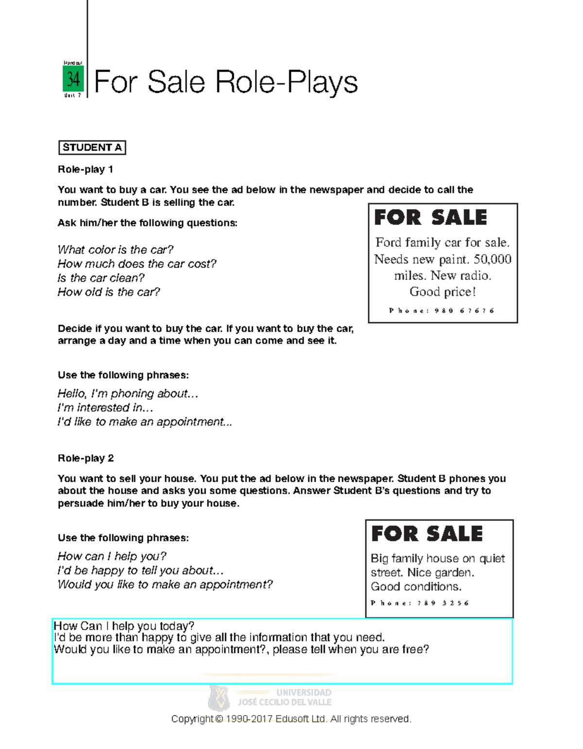 15 Basic I Handout 34 Unit 7: For Sale Role Play Activities - Studocu