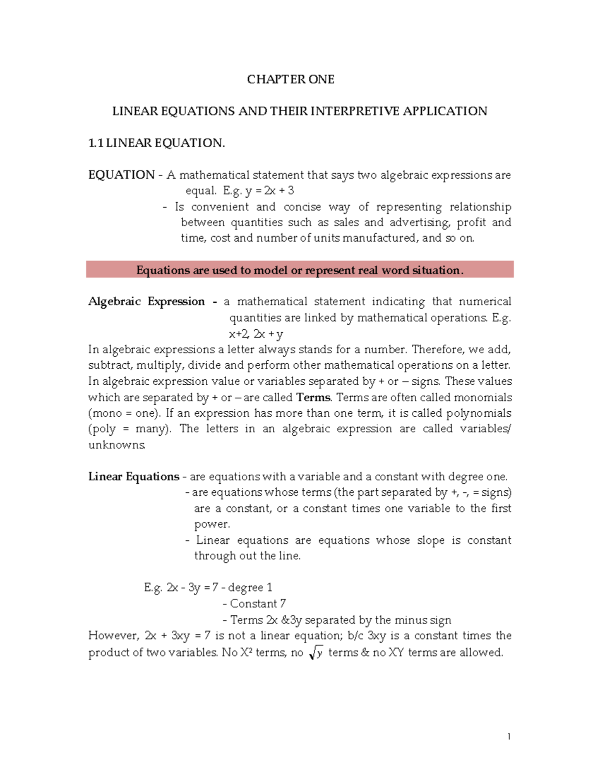 Mathematics For Management: Linear Equations & Applications (Chapter 1 ...