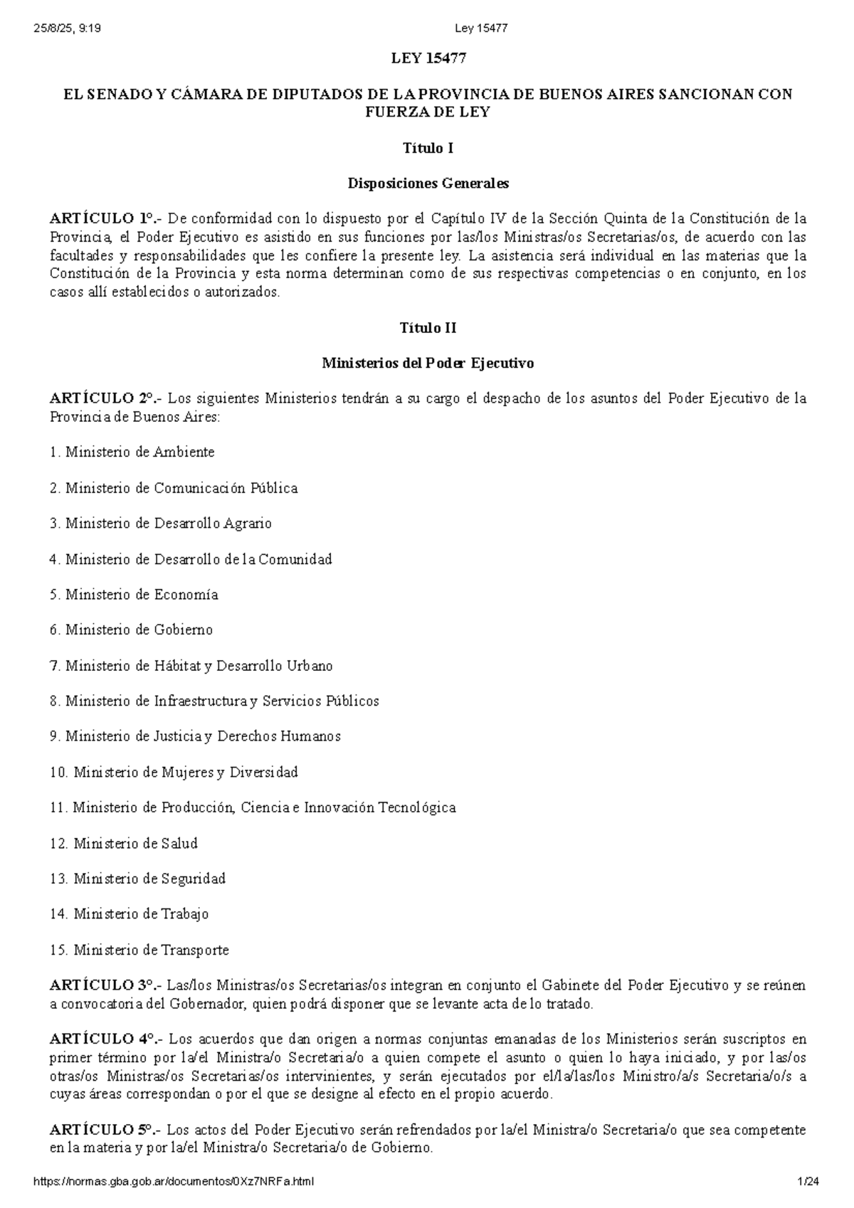 Ley 15477: Disposiciones Generales y Ministerios del Poder Ejecutivo ...