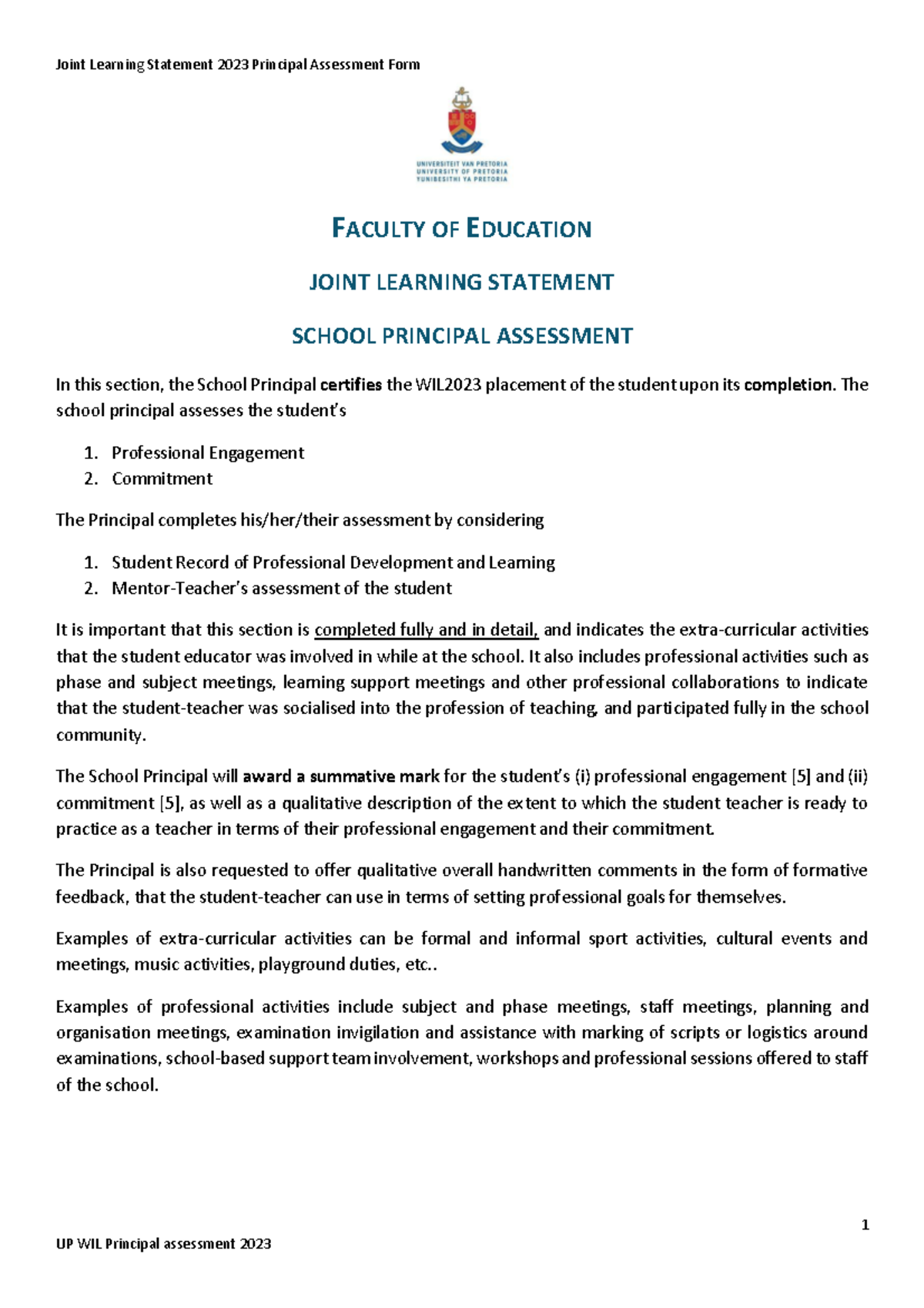 WIL2023JLSPrincipal Assessment - Joint Learning Statement 2023 ...