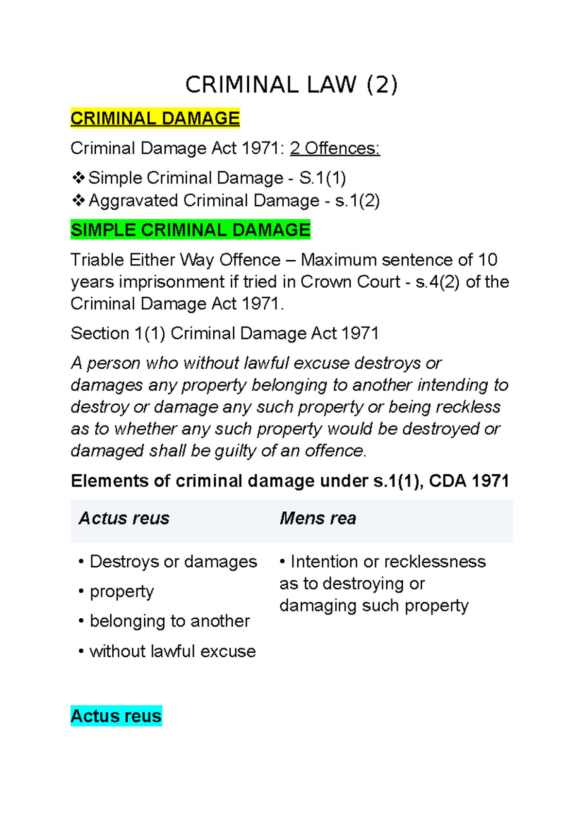 Criminal LAW (2) - Overview of Criminal Damage & Arson Offences - Studocu