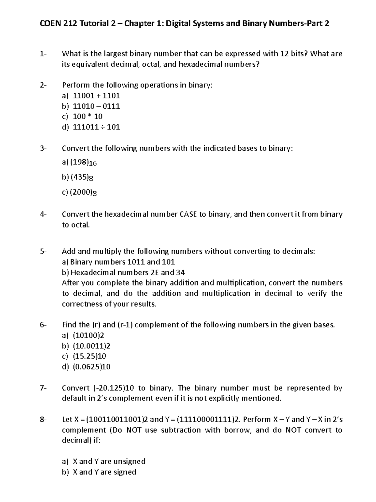 COEN 212 Tutorial 2: Binary Operations and Conversions - Studocu