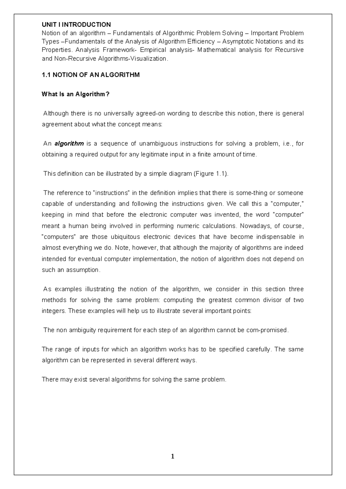 UNIT 1 DAA Lecture Notes: Algorithm Fundamentals and Problem Solving ...