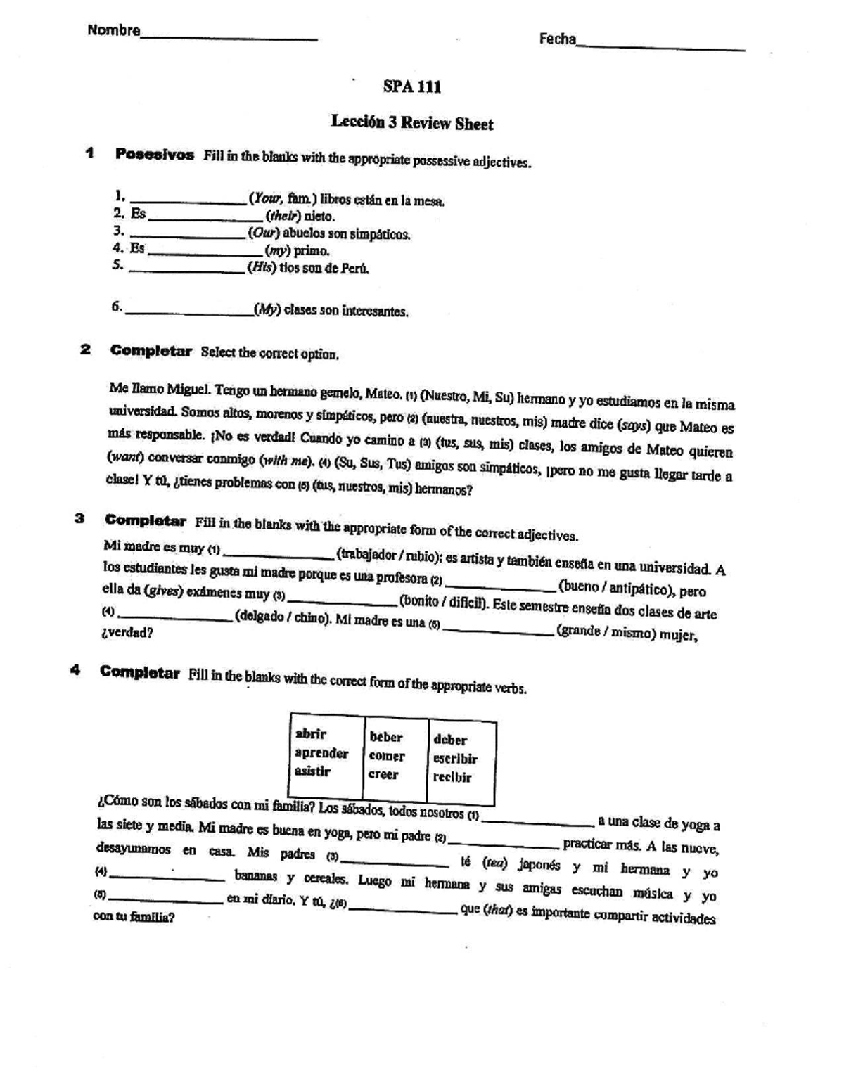 SPA 3 Lección 3: Posesivos y Adjetivos Práctica - Studocu