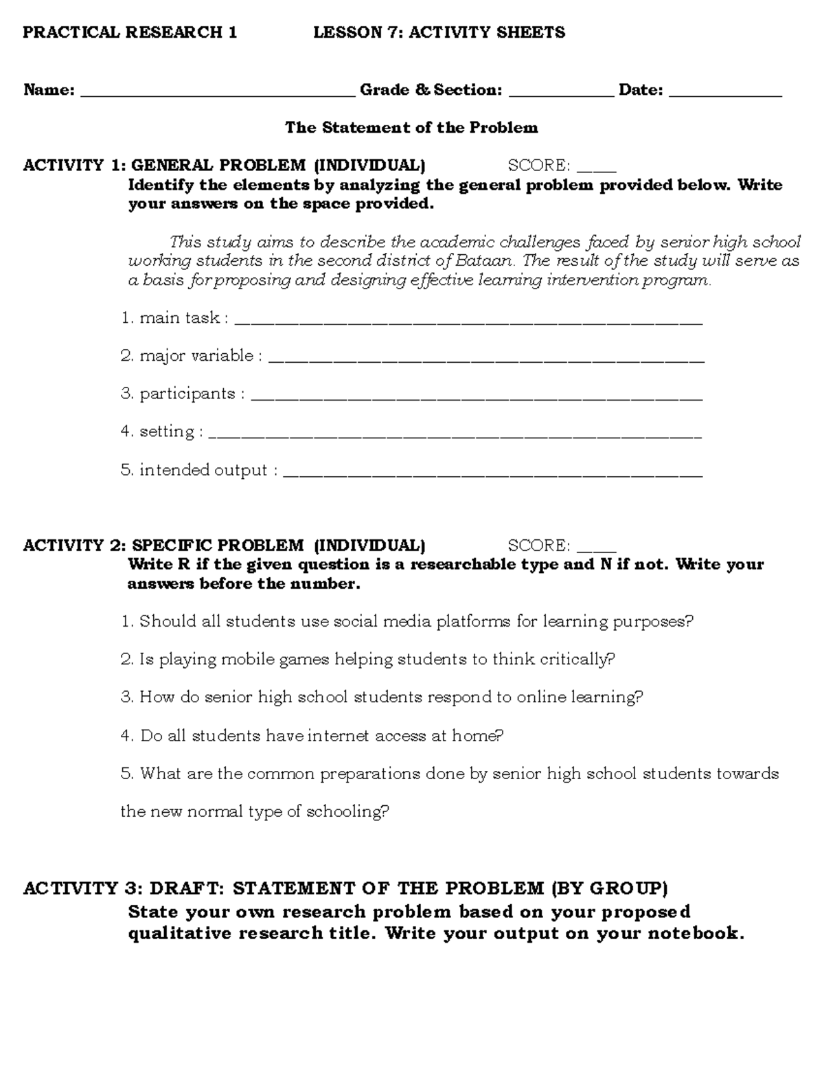 PR 1 LESSON 7: ACTIVITY SHEETS ON STATEMENT OF THE PROBLEM - Studocu