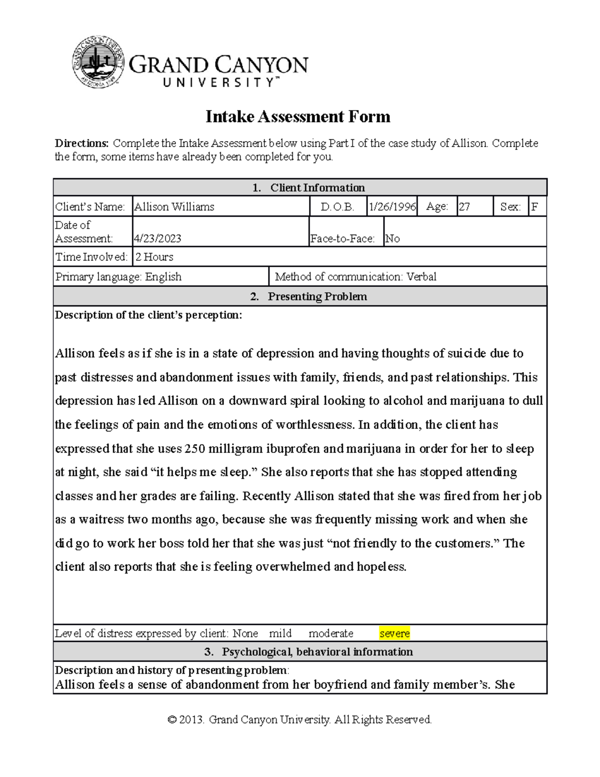 Topic 3: Client Intake Assessment for Allison's Case Study - Studocu