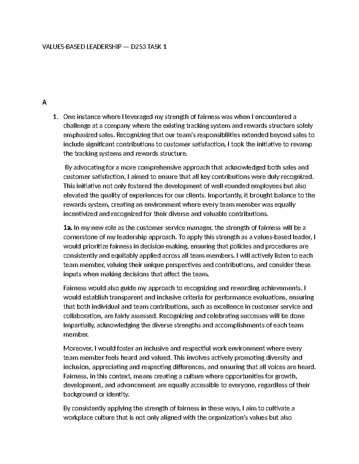 D253 Values-Based Leadership - Task 1 Analysis and Insights - Studocu
