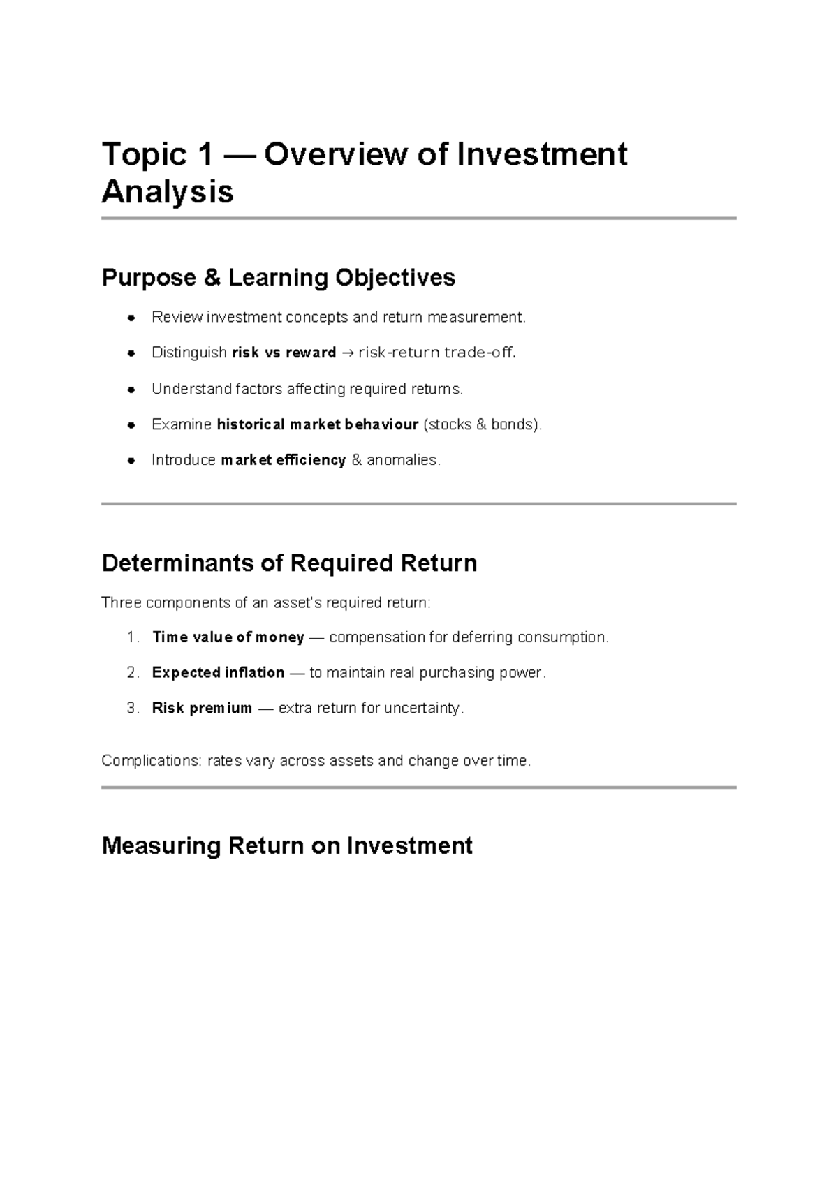 Investment Analysis Notes: Overview of Key Concepts and Market Dynamics ...