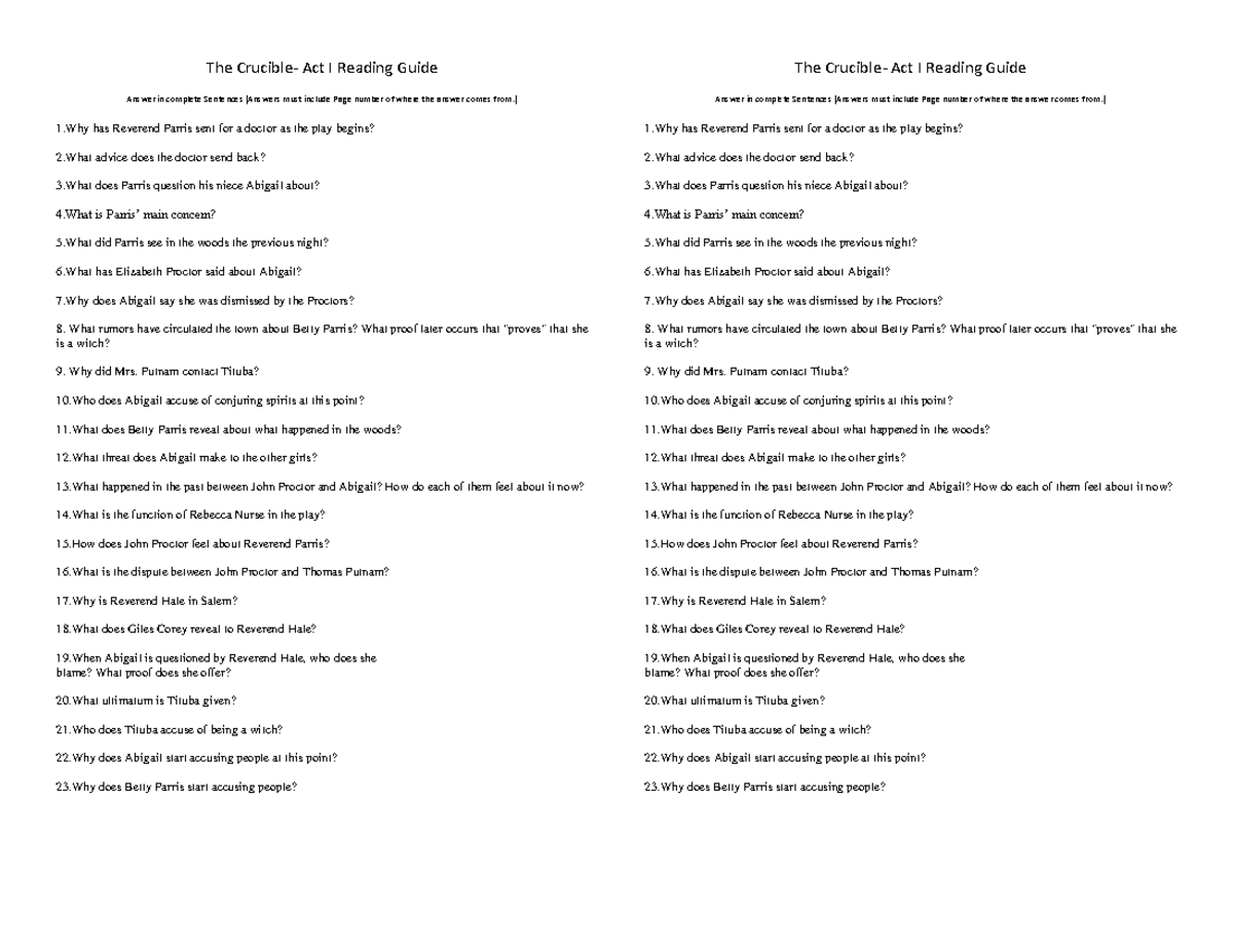 The Crucible Act I Reading Guide (Answers with Page Numbers) - Studocu