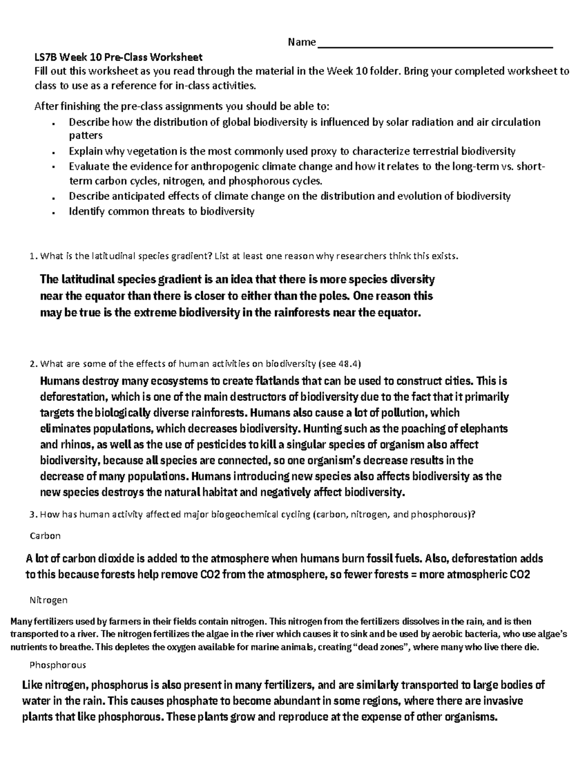 LS7B Week 10 Pre-Class Reading Guide on Biodiversity and Climate Change ...