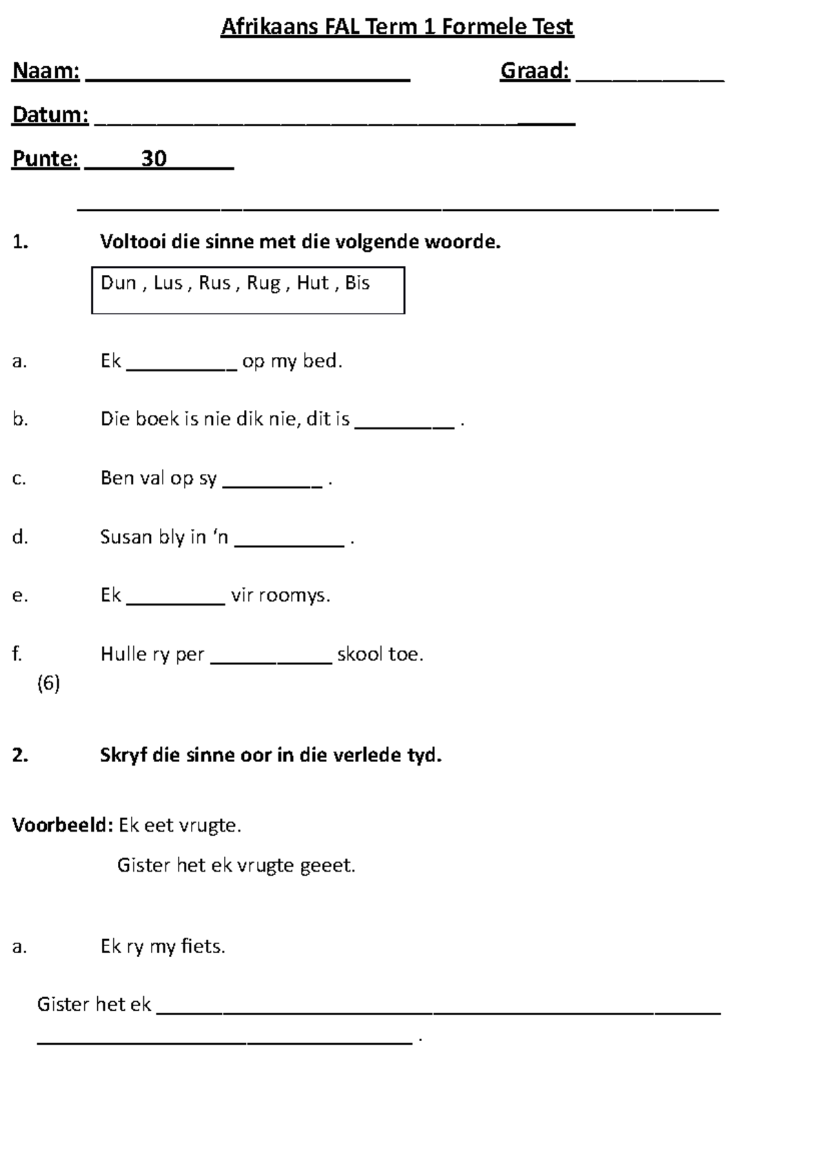 Afrikaans FAL Term 1 Formele Toets Graad 3: Opstelle en Antwoorde - Studocu