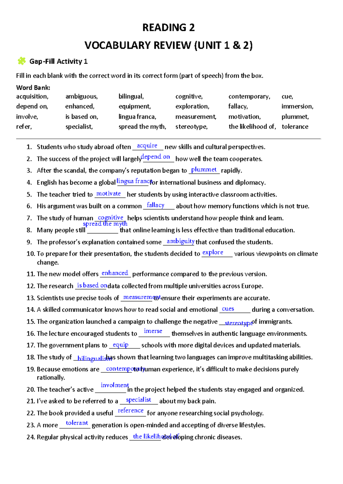Week 5 Vocabulary Review (Unit 1 & 2) - Activity 1 Fill-in-the-Blanks ...